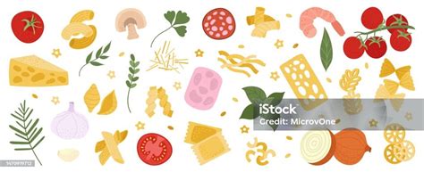 이탈리아 파스타 재료 지중해 스파게티 요리 이탈리아 음식 낙서 신선한 새우 토마토 치즈 건강 요리 괜찮은 벡터 세트 건강한 식생활에 대한 스톡 벡터 아트 및 기타 이미지