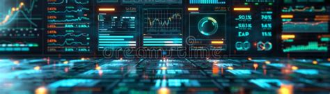 High Tech Finance Dashboard With Glowing Graphs And Charts In Blue And Green Tones Stock