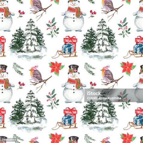 겨울 숲의 나무와 귀여운 Snoman 완벽 한 패턴 수채화 손으로 그린 크리스마스 휴일 인쇄 0명에 대한 스톡 벡터 아트 및 기타 이미지 Istock