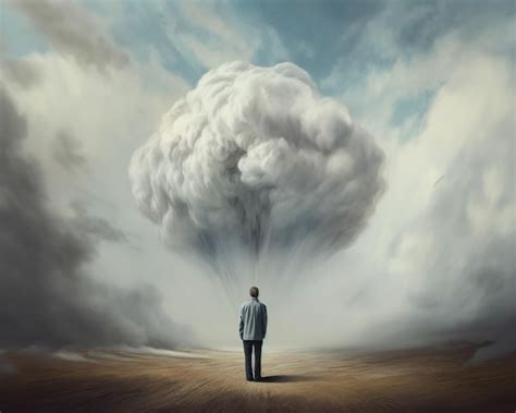 Premium AI Image A Man Stands In A Field With A Cloud Shaped Like A Cloud On The Right