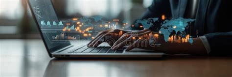 Businessperson Analyzes Global Data On Laptop Hands Type On Keyboard