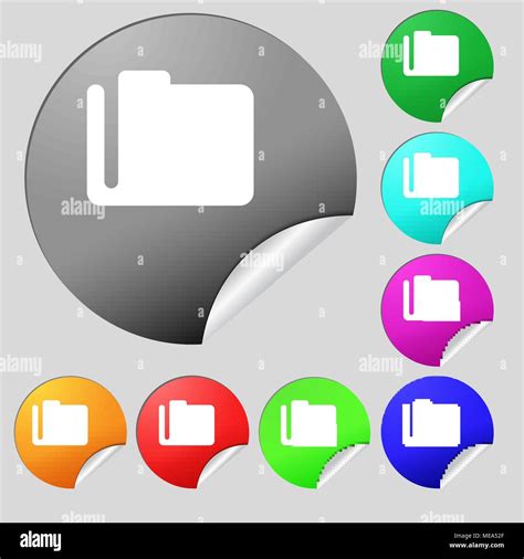 Document Folder Icon Sign Set Of Eight Multi Colored Round Buttons Stickers Vector