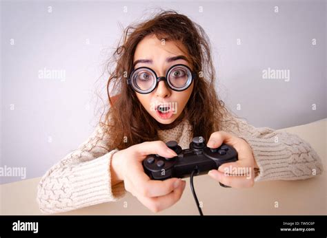 Funny Nerd Girl Working On Computer Stock Photo Alamy