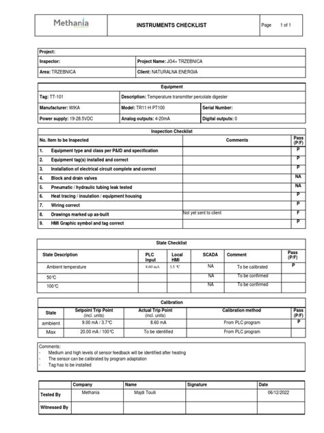 Tt 101 Instrument Commissioning Checklist Download Free Pdf Programmable Logic Controller
