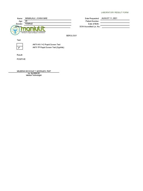 Serology Laboratory Result Form Pdf