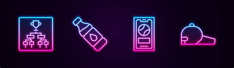 세트 라인 챔피언십 토너먼트 브래킷 물 한 병 야구 공과 야구 모자가 있는 모바일 빛나는 네온 아이콘입니다 벡터 Championship에 대한 스톡 벡터 아트 및 기타