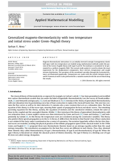 Pdf Generalized Magneto Thermoelasticity With Two Temperature And Initial Stress Under Green
