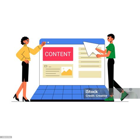 디지털 마케팅 콘텐츠 전략 및 협업을 상징하는 평면 벡터 일러스트 레이 션에서 노트북을 가진 콘텐츠 제작 팀 흰색 배경에 고립 된 개념에 대한 스톡 벡터 아트 및 기타