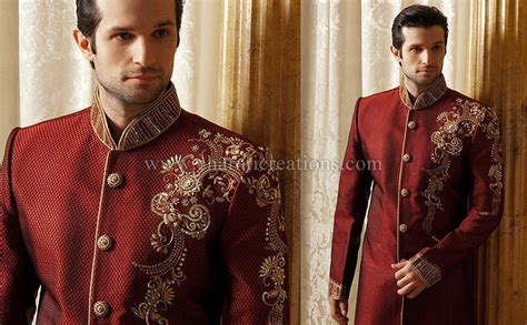 Maroon Brocade Silk Sherwani With Asymmetrical Embroidery On One