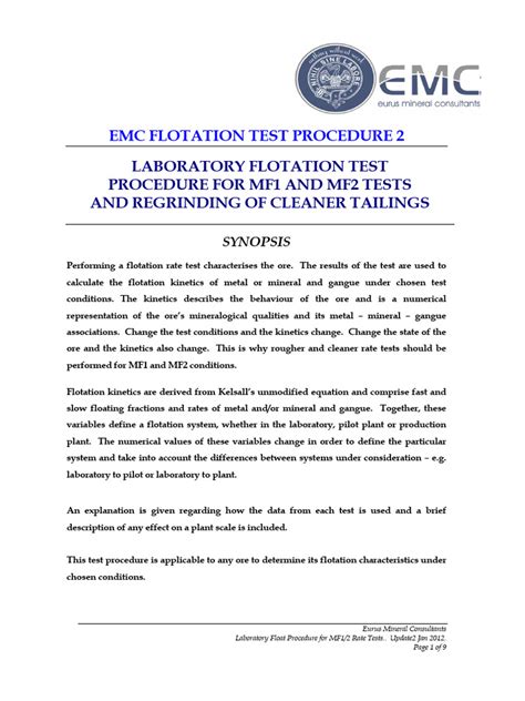 Flotation Test Procedure For Mf1mf2 Pdf Ore Physical Sciences