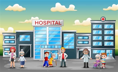 Dibujos Animados De Médicos Y Pacientes Frente Al Hospital Vector Premium