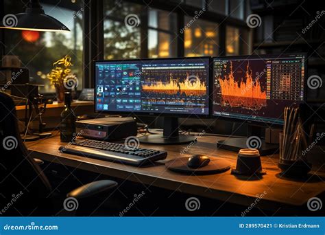 Ai Workstation With Multi Screen Setup Showing Vibrant Data Analytics