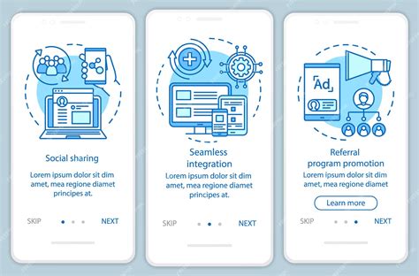 추천 프로그램 핵심 항목은 선형 개념으로 모바일 앱 페이지 화면을 온보딩합니다 세 가지 연습 단계 그래픽 지침 고객 매력 삽화가 있는 Ux Ui Gui 벡터 템플릿