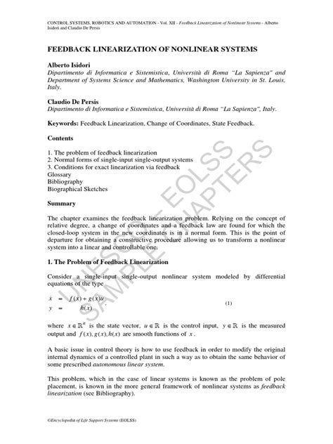 Feedback Linearization Of Nonlinear Systems Pdf Control Theory Nonlinear System
