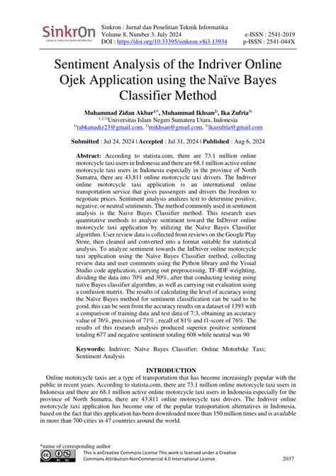 Pdf Sentiment Analysis Of The Indriver Online Ojek Application Using The Naïve Bayes