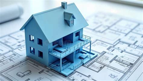 Blue Model House Sits On Architectural House Plans Model Home Design