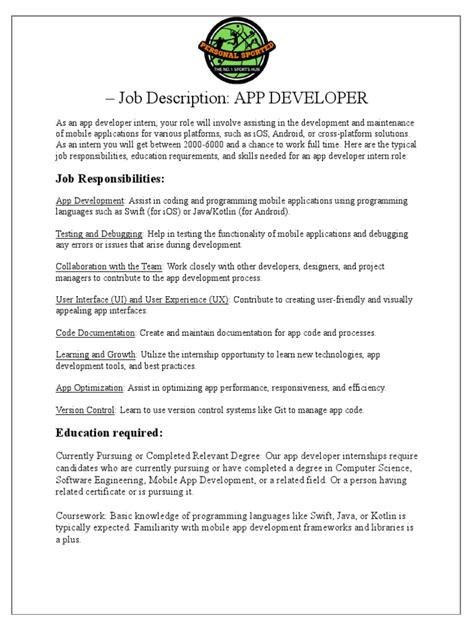 App Developer Jd Pdf Mobile App Computer Programming