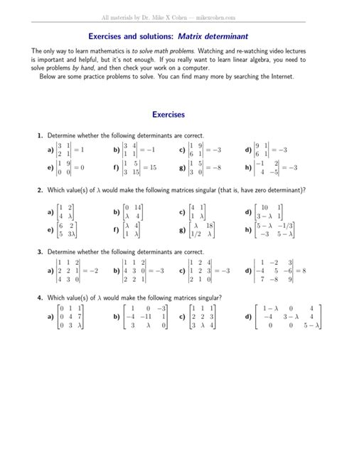 Exercises And Solutions Matrix Determinant Pdf Determinant