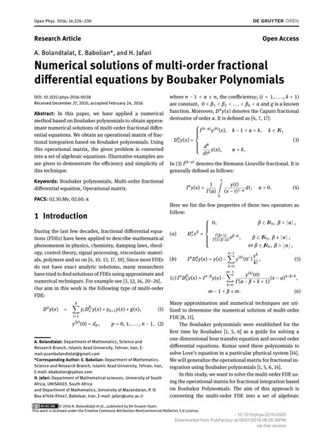 Pdf Numerical Solutions Of Multi Order Fractional Differential Equations By Boubaker Polynomials
