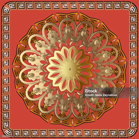 그리스 키 구이 골드 3d 만다라 패턴 장식 그리스 스타일 그리스 사각형 프레임 배경입니다 현대 기하학적 추상 적 바로크 배경입니다 고대 장식 장식을 반복합니다 화려한 3d