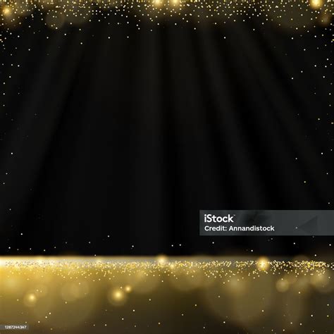 반짝이는 빛 색종이와 보케가 블랙에 떨어지는 골드 반짝이 벡터 매직 골드 먼지와 고급 배경에 대한 눈부신 황금 반짝임 질감 축제 크리스마스 새해 배너 또는 전단지 0명에