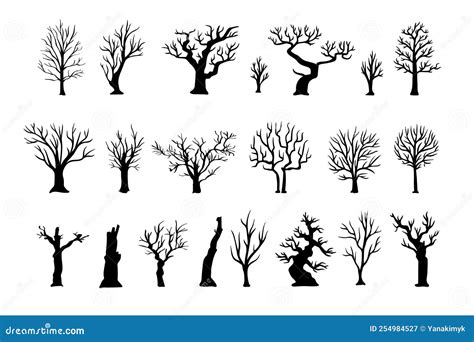 Silhouette Dead Dry Tree Set Black Tree On White Background Stock