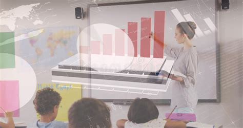 Statistical Data Processing Against Caucasian Female Teacher Teaching In A Class At School Stock