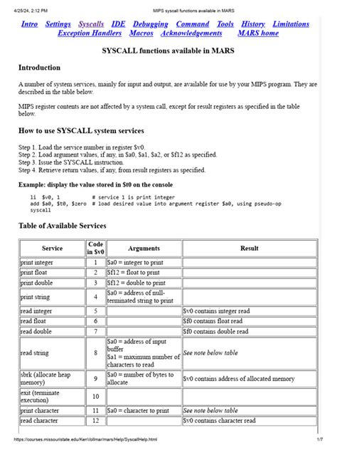 Mips Syscall Functions Available In Mars Pdf Integer Computer