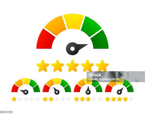 속도계 별이 있는 게이지 미터 아이콘 성능 수준 녹색과 빨간색 낮고 높음 위험 게이지 점수의 인포 그래픽 벡터 그림입니다 1위에 대한 스톡 벡터 아트 및 기타 이미지