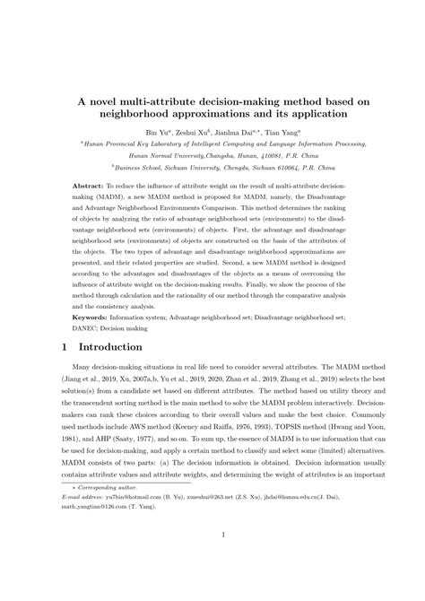 Pdf A Novel Multi Attribute Decision Making Method Based On Neighborhood Approximations And