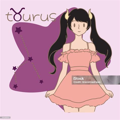 오픈 숄더 드레스를 입고 있는 머리 트윈 테일을 가진 여자 황소자리 조디악 점성술 기호 별자리 단어 및 별 손으로 그린 평면 만화 캐릭터 벡터 일러스트 드레스에 대한 스톡