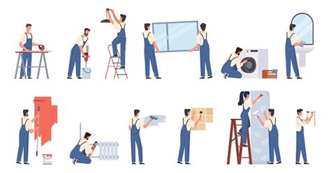 리노베이션 작업자 서비스 유니폼을 만드는 사람들 수리 집 남자와 여자 페인트 벽 방에 접착제 벽지 누워 타일 삽입 창 배관 변경 벡터 만화 플랫 세트 연관공에 대한 스톡