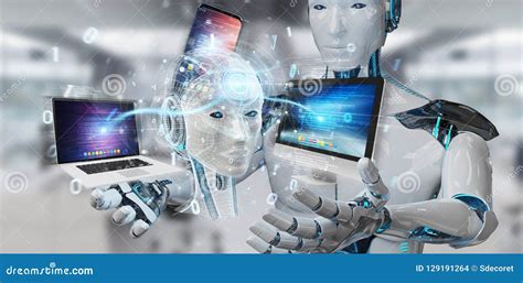 Robot Controlling Modern Devices Interface System 3D Rendering Stock
