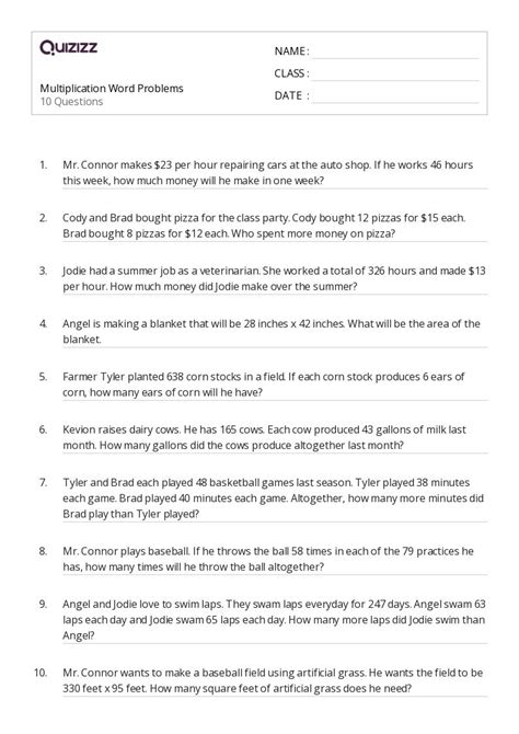 50 Multiplication Word Problems Worksheets For 4th Class On Quizizz