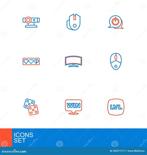 Set Line Level Game Medal Game Dice Computer Mouse Life Bar Monitor Power Button And Icon