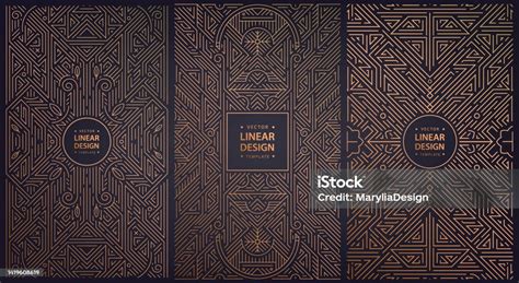 아르 데코 디자인 요소 고급 제품을위한 라벨 및 프레임 골든 리니어 팬시 백어그라운드 개츠비 빈티지 스타일 포스터 인쇄물 청첩장 커버의 벡터 세트 0명에 대한 스톡 벡터