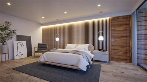 Recámara Moderna Con Panelado De Madera Y Cama Blanca Decoración De