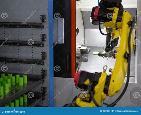 Robot Arm Loading Workpieces On Cnc Lathe Machine Stock Image Image Of Machining Robot 282937141