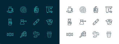 세트 라인 커피 머신 커피 곡물이 담긴 주걱 설탕 스틱 패킷 원두 터크 에스프레소 토닉 컵 및 아이콘 메달 벡터 1위에 대한