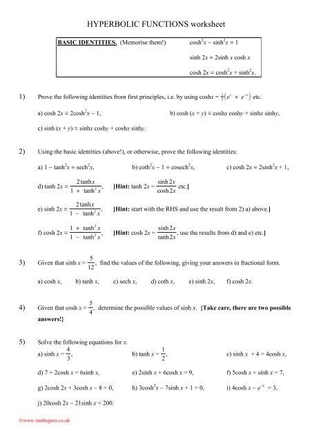 Hyperbolic Functions Worksheet