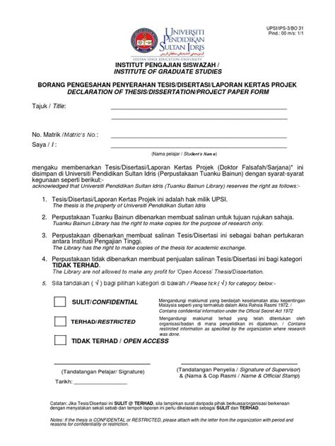 Declaration Of Thesis Dissertation Project Paper Form Pdf