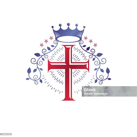 기독교 종교 상징의 교차 팔의 문장 학 외 투 장식 기호 고립 벡터 일러스트 레이 션 꽃 장식 및 럭셔리 로얄 크라운으로 구성 되어 있습니다 고딕 양식에 대한 스톡 벡터