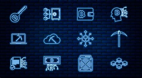 라인 블록 체인 기술 곡괭이 암호 화폐 지갑 클라우드 마이닝 노트북 및 곡괭이로 채굴 키 분배 및 지분 증명 아이콘 벡터