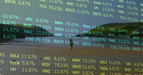 Processing Financial Data Animation Over Person Standing On Beach Stock Footage Video Of