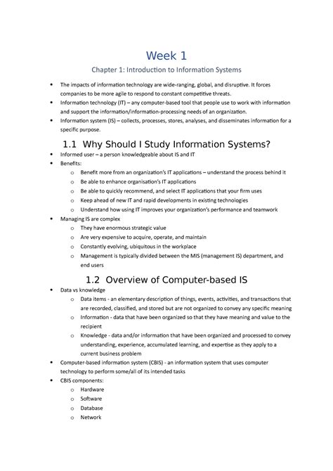 Week 1 Lecture Notes 1 Week 1 Chapter 1 Introduction To Information Systems The Impacts Of