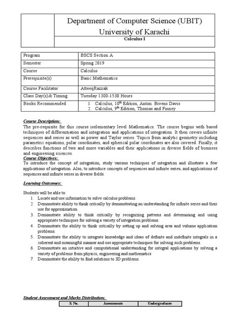 Course Outline Calculus Ubit Download Free Pdf Integral Calculus