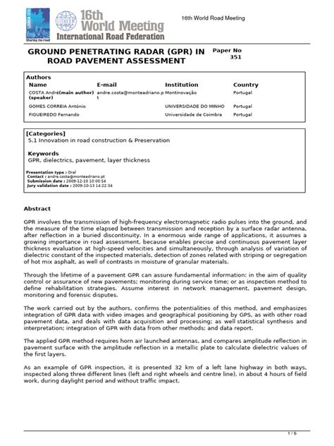 Gpr In Road Pavement Assessment 16th Irf Worl Meeting Lisboa 2010 Pdf