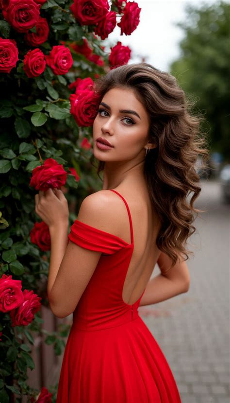 «Красивая девушка в красном платье с открытой спиной на улице с цветами из роз с густым волосами
