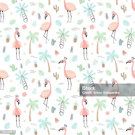 핑크 플라밍고와 나뭇잎 선인장 과일 야자수 크라운과 완벽 한 열 대 패턴입니다 벡터 여름 손으로 그린 그림 아이 들을 위한 플라밍고 직물 옷 보육 베이비 샤워 생일 0명에