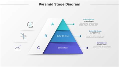 삼각형 차트 또는 피라미드 다이어그램은 3개의 부분 또는 수준 선형 아이콘 및 텍스트 위치로 나뉩니다 프로젝트 개발의 3단계 개념입니다 인포 그래픽 디자인 템플릿입니다